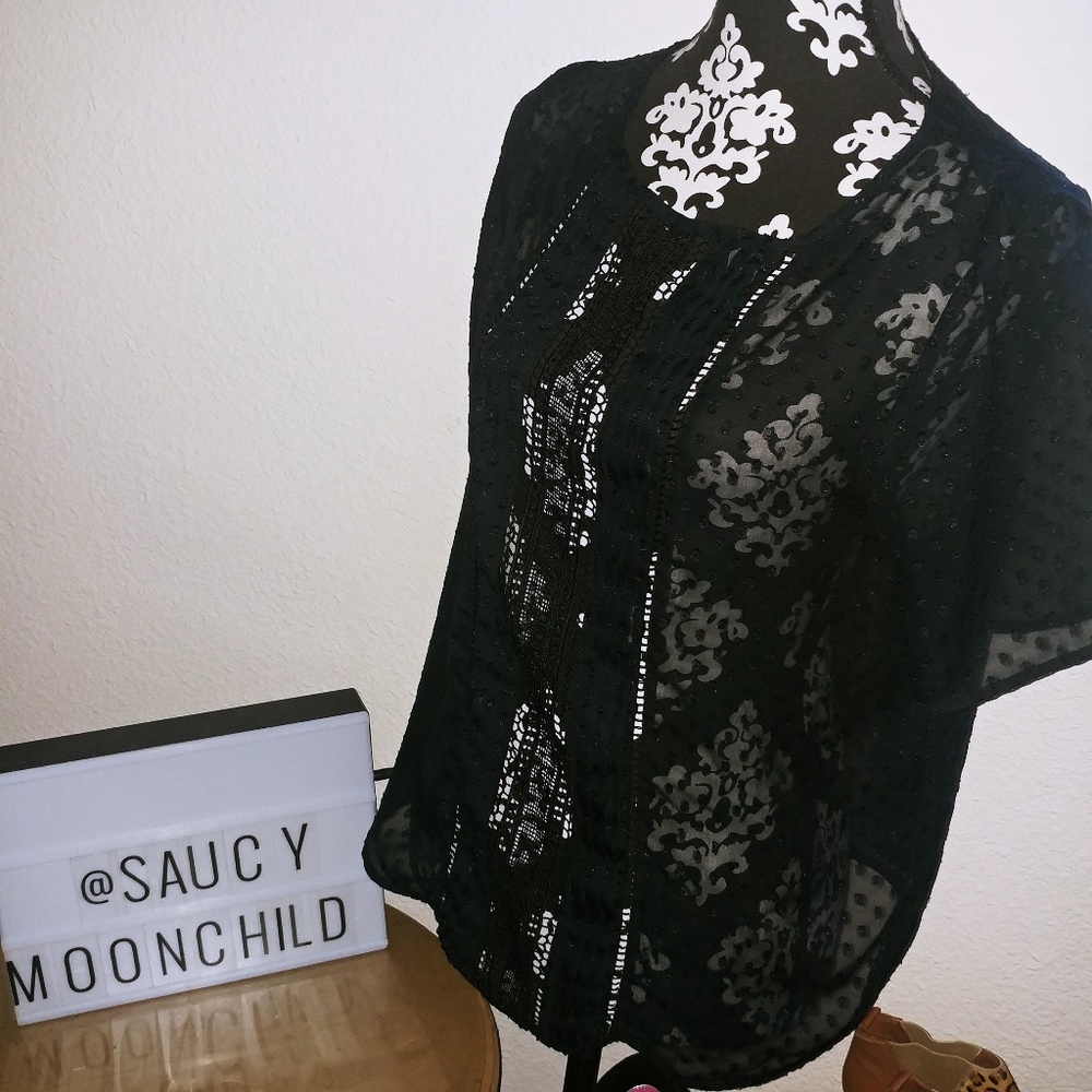 Sheer Textured Boho Crochet Panel Blouse - Gem